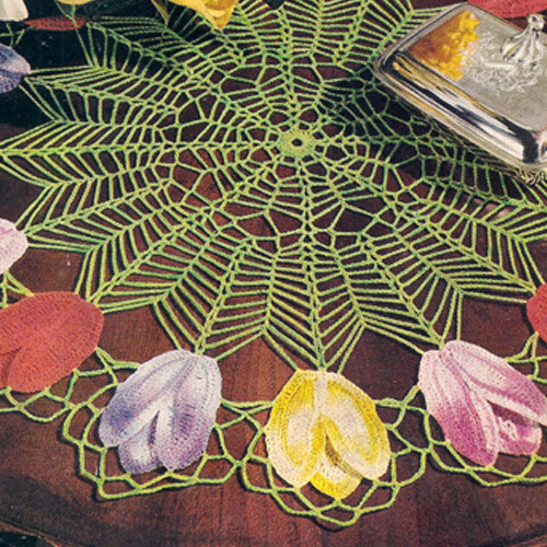Lovely Tulip Doily Crochet Pattern on Green Mesh