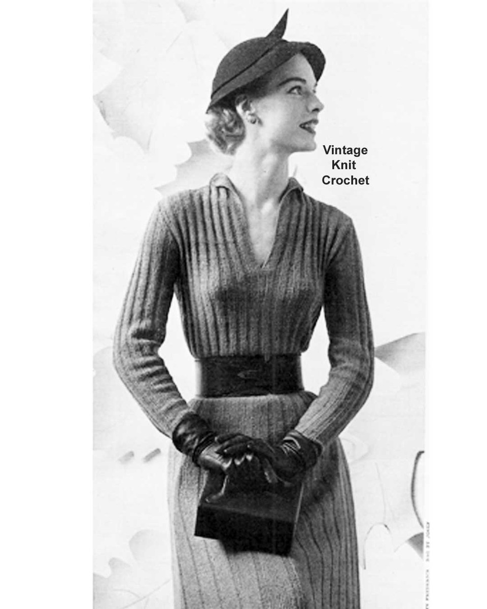 Knitted Ribbed Dress Pattern, V-Nek Long Sleeve Design