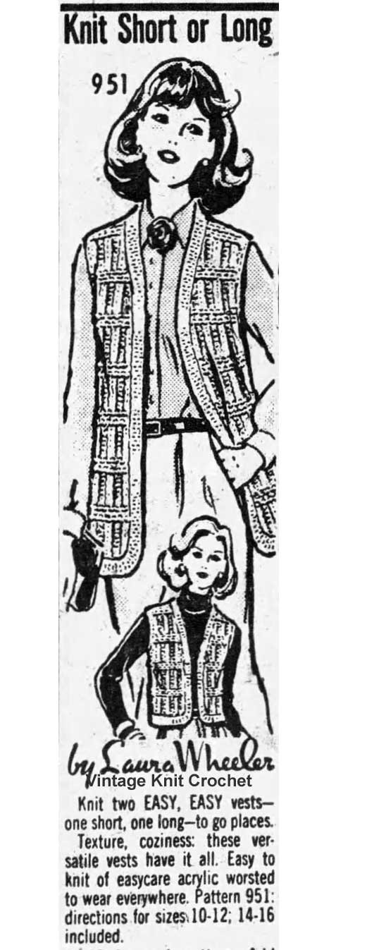 Knitted Vest Pattern Long Short Design 951 Worsted Weight Yarn