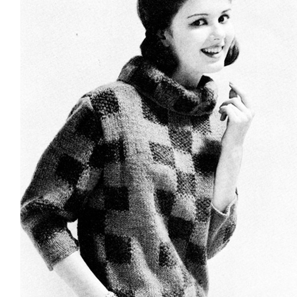 Cowl Neck Checkerboard Sweater Knitting Pattern