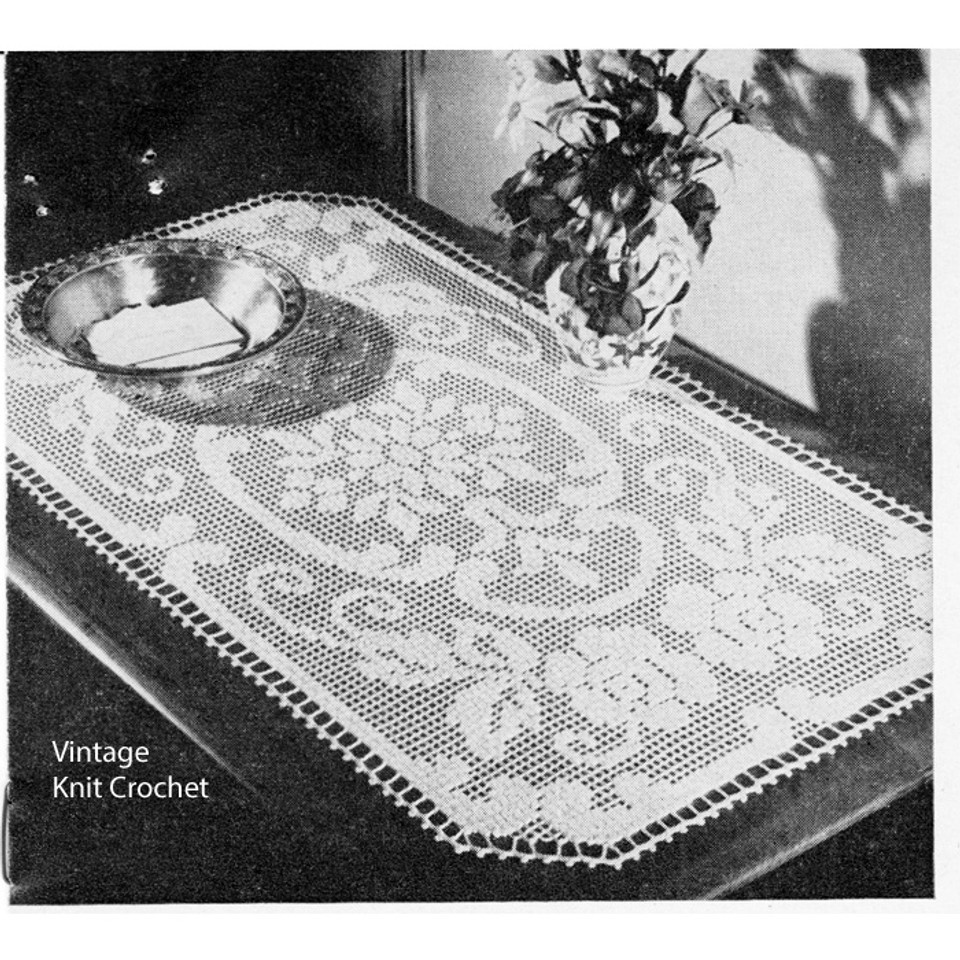 Filet Crochet Darned Rose Scroll Centerpiece Pattern