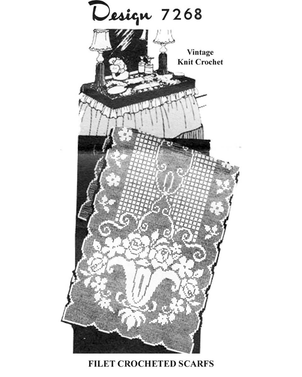 Filet Crochet Runner Scarf Pattern Flower Rose Motif Design 7268