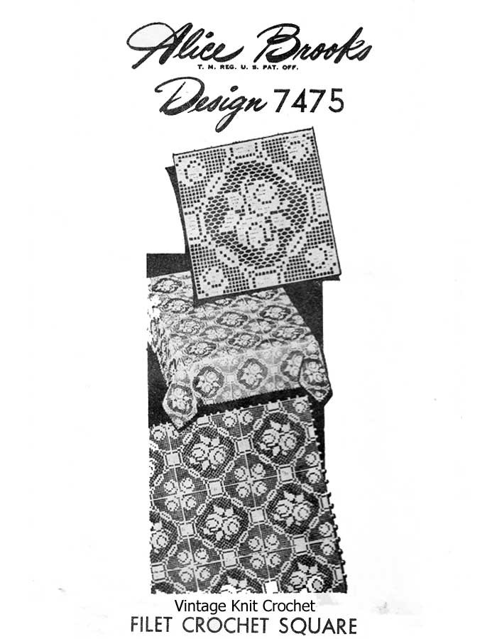 Filet Crochet Rose Square Pattern, Tablecloth Bedspread, Alice Brooks 7052