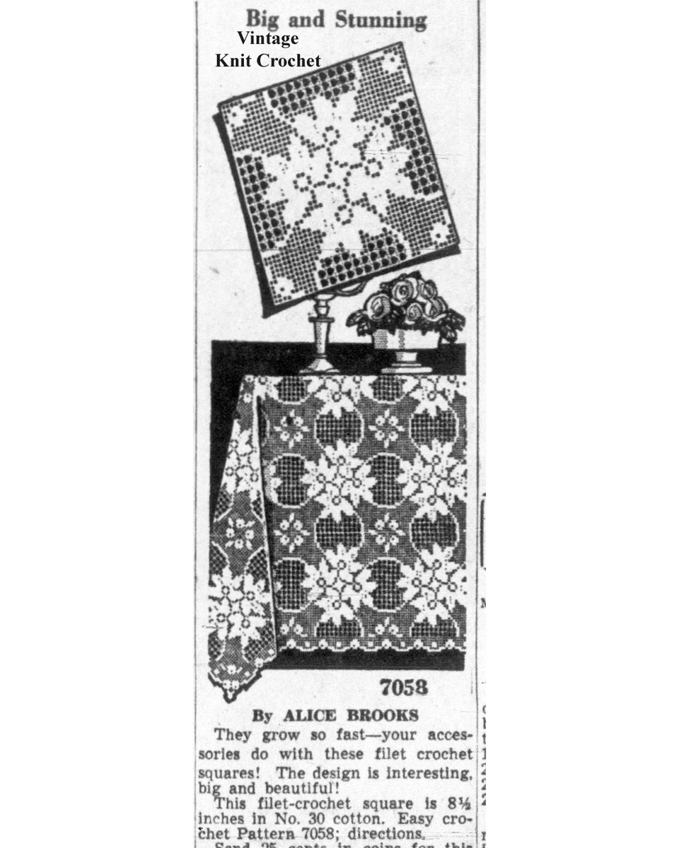 Vintage Filet Crochet Square Motif Pattern Mail Order Design 7058