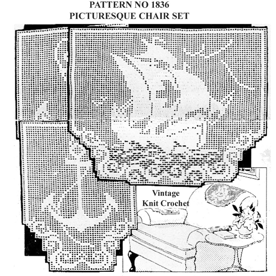 Vintage filet crochet Viking Ship Chair Doily Pattern Set Mail Order No ...