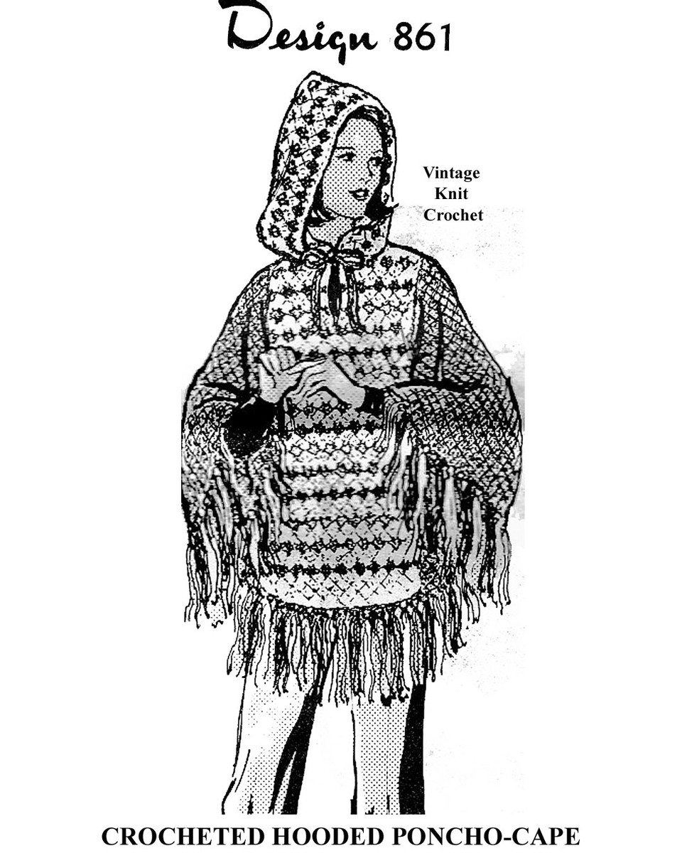 Crochet Long Poncho Cape pattern Hooded Fringed Mail Order Design 861