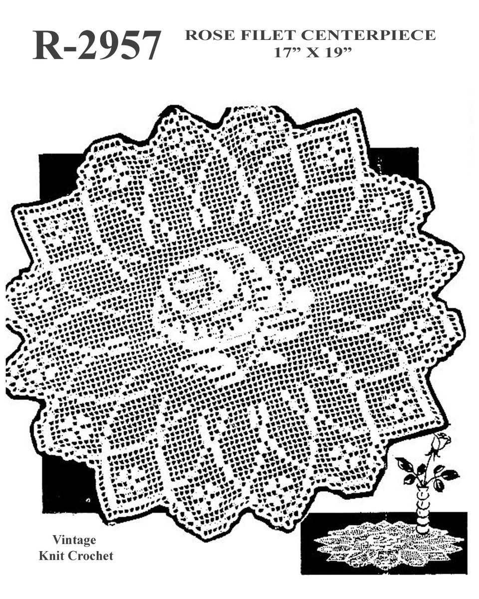 Filet Crochet Rose Centerpiece Doily Pattern No R-2957 Mail Order