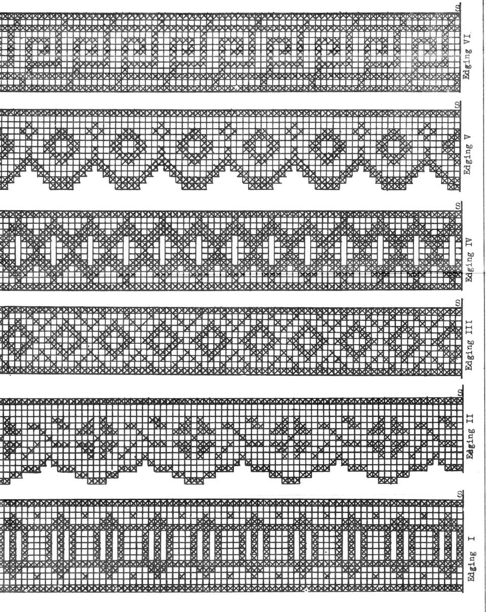 Six vintage filet crochet edgings pattern for linens Anne Cabot 5811 ...