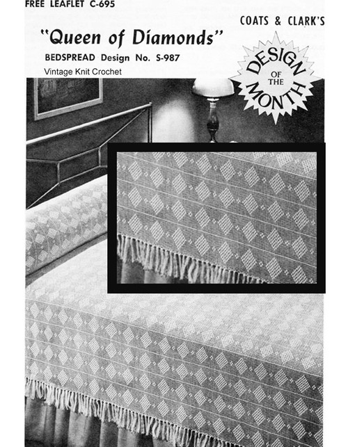 Queen of Diamonds Filet Crochet Bedspread Pattern S-987