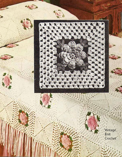 Crochet Bedspread Pattern Rose Squares With Fringe
