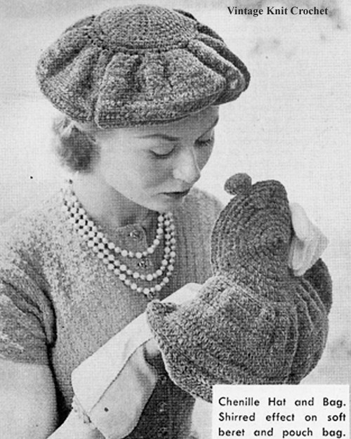 Crocheted Chenille Hat Pattern, Drawstring Bag