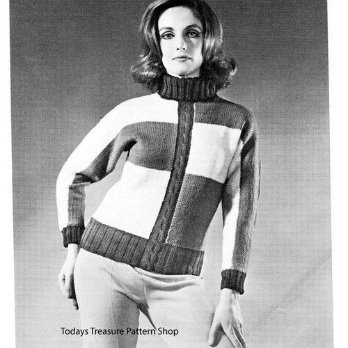 Knitted Color Block Sweater Pattern with Cowl Neck