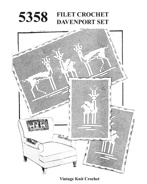 Filet Crocheted Deer Chair Doily Pattern Set, Anne Cabot 5358
