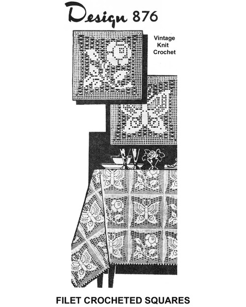 Filet Crochet Rose Butterfly Square Pattern Tablecloth Bedspread