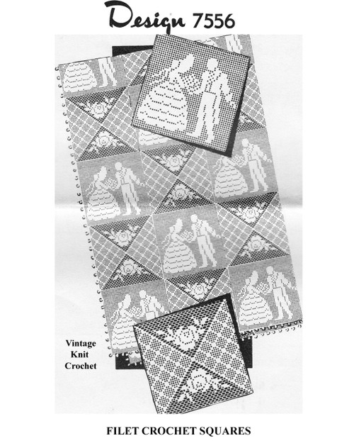 Filet Crochet Squares Pattern, Courting Couple, Mail Order Design 7556