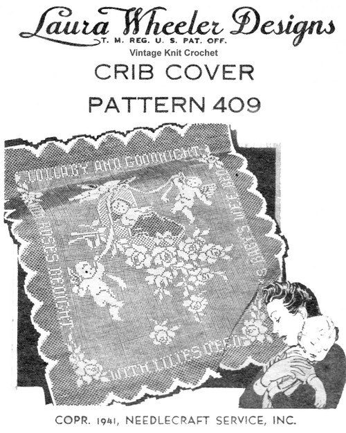 Vintage Filet Crochet Cherub Crib Cover Pattern laura wheeler design 409