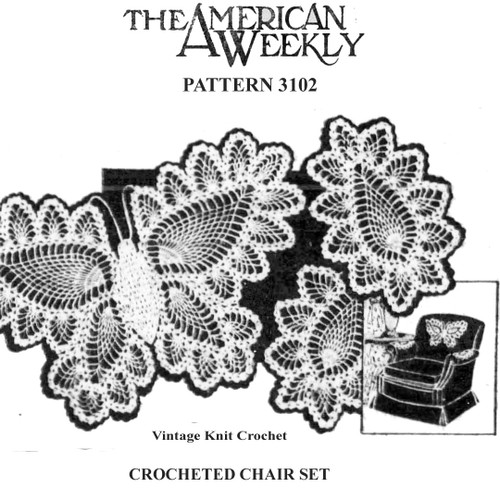 Vintage Crochet Butterfly Pattern Chair Set Pineapple Wings American
