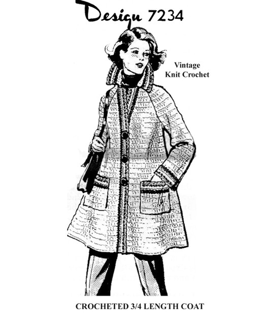 Crochet 3/4 Length Coat Pattern in Double Crochet Mail Order Design 7234