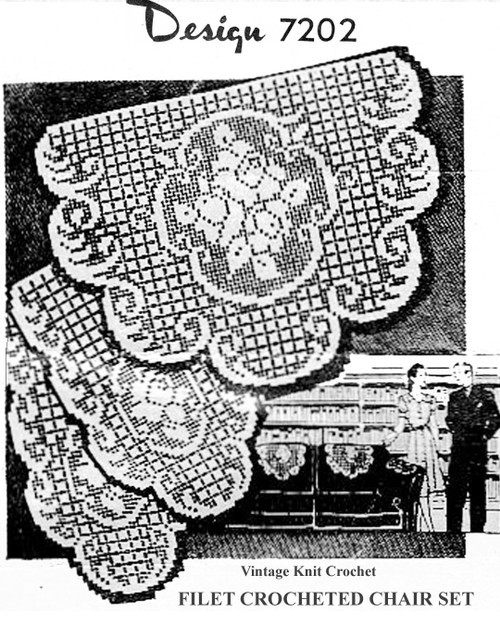 Vintage Filet Crochet Chair Doily Pattern Set In Rose Motif Alice