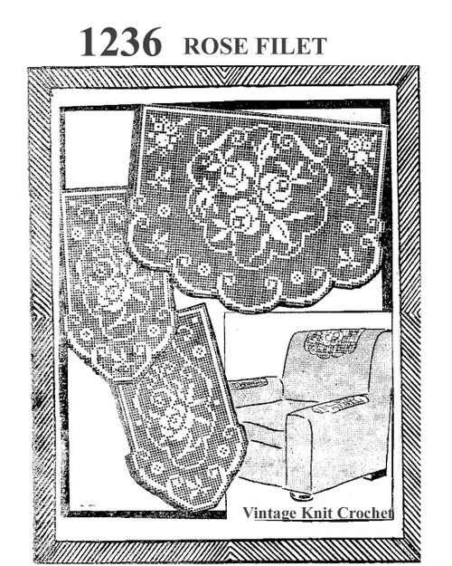 Vintage 1930s Filet Crochet Rose Chair Doily Pattern Set No 1215 From