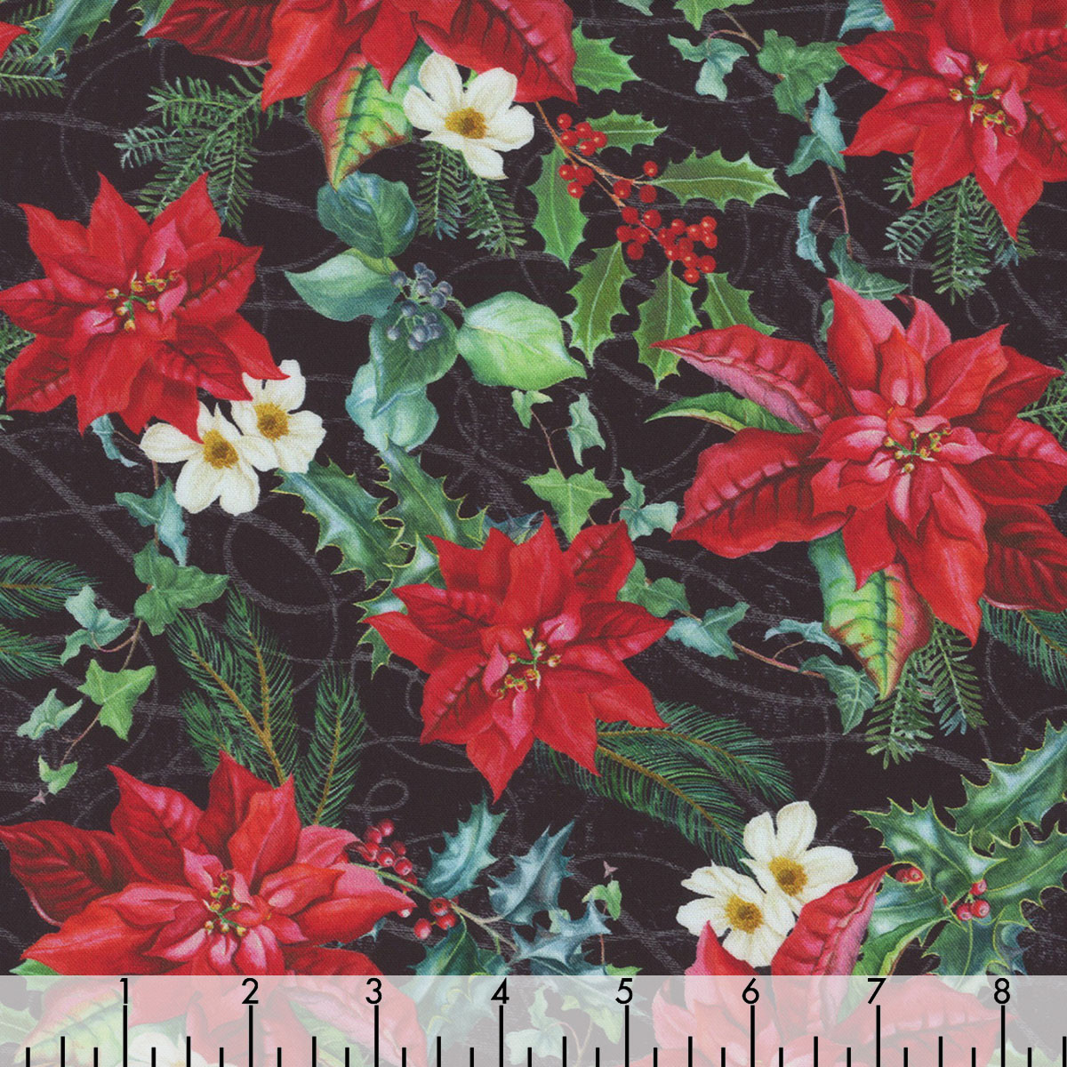 Windham Fabrics Holiday Splendor Crimson Blooms Black | Quilt Fabric