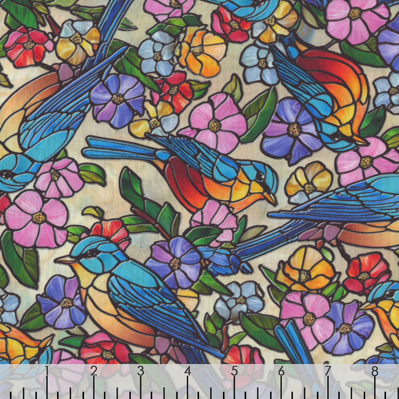 Quilting Treasures Fabrics Sunlit Birds Cream Stained Glass Birds And