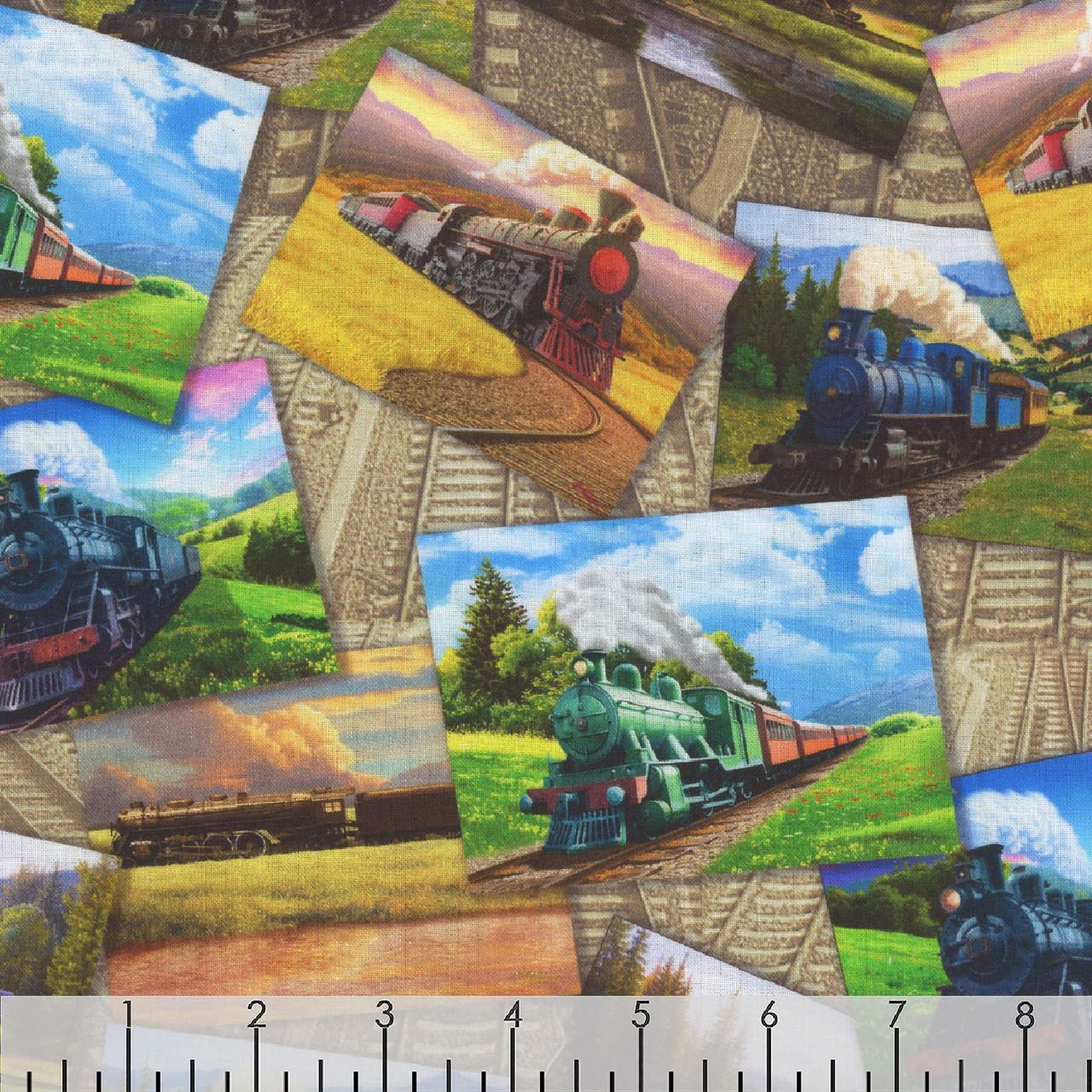 Timeless Treasures Fabrics Novelty Trains Postcards Train Scenes ...
