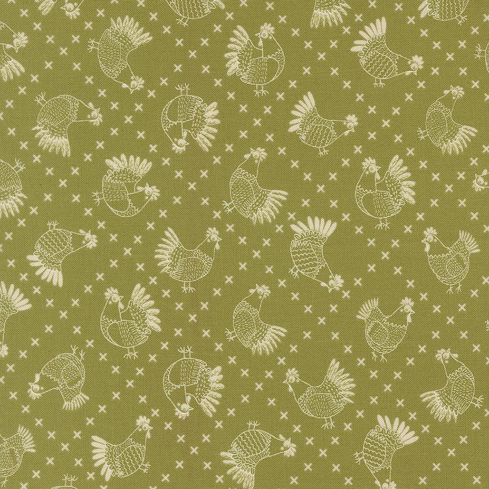 Moda Fabrics The Henhouse Gingiber Grass Green Cross Stitch Chickens ...