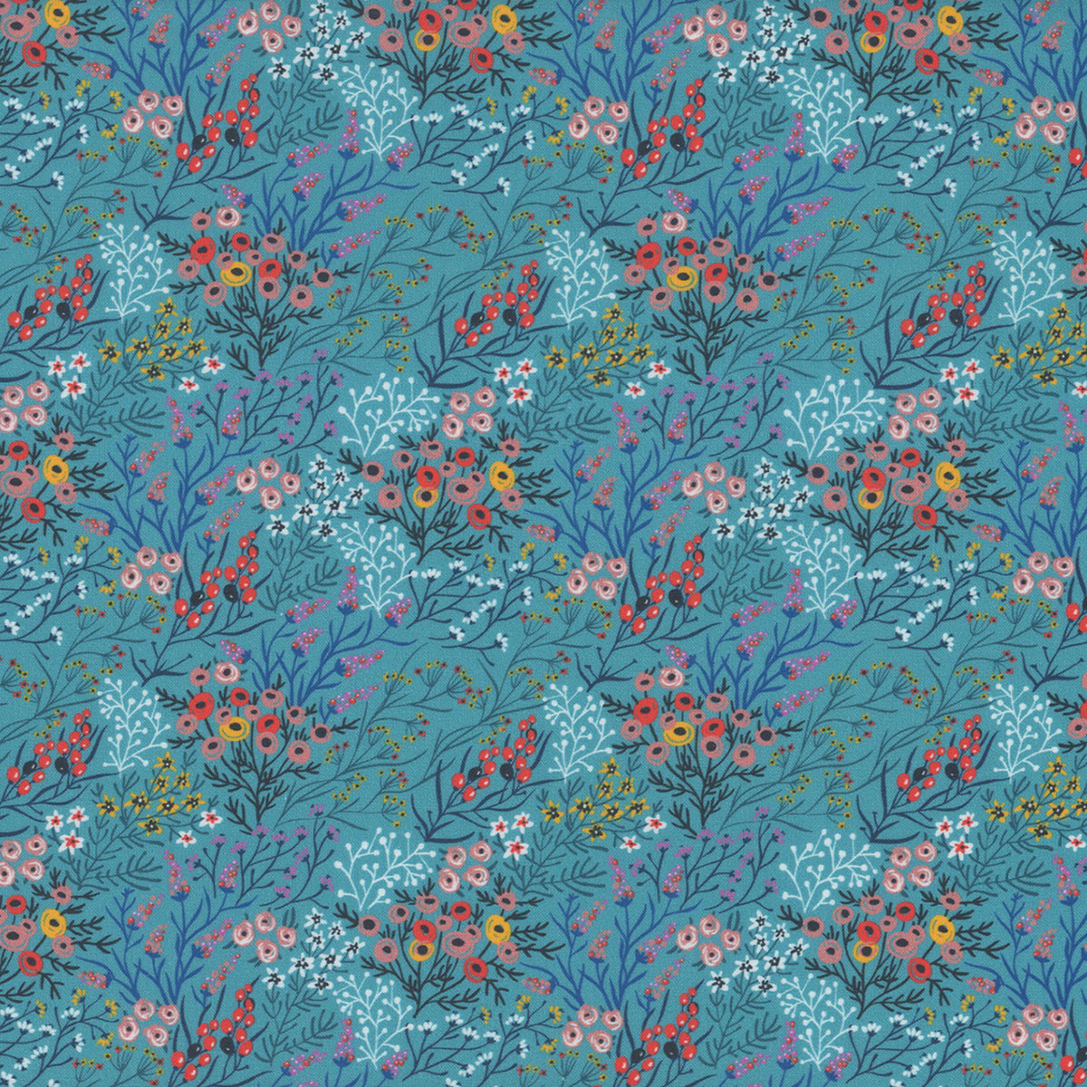 In The Beginning Fabrics Whimsy Cats Flowers Birds Teal | Quilt Fabric