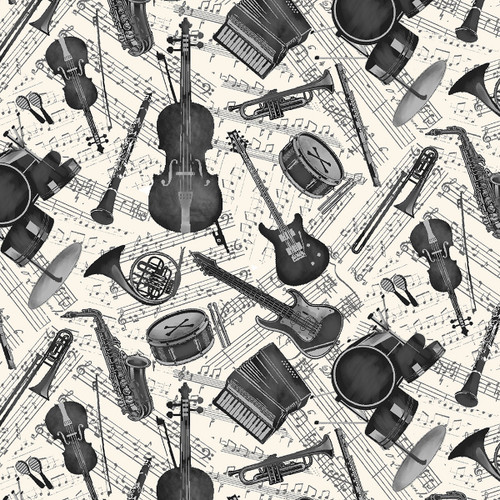 Timeless Treasures Fabrics Sonata Grey Instruments & Music Notes Cream