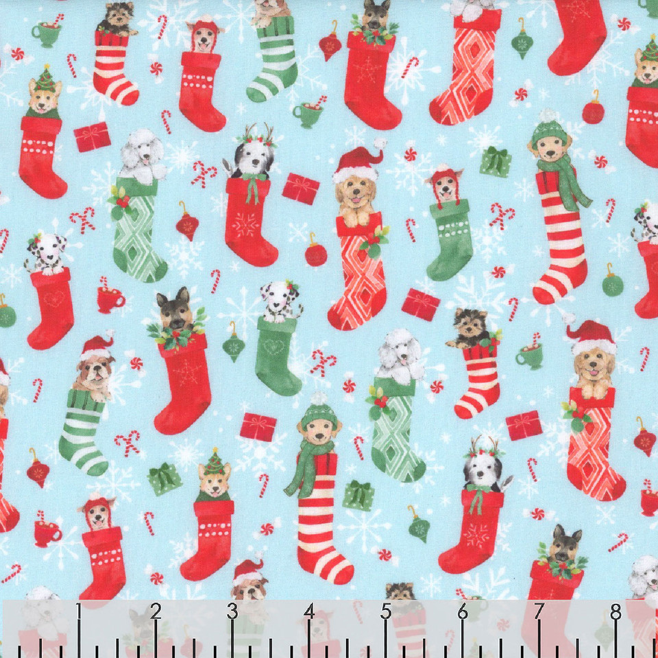 Clothworks Fabrics Santa Paws Puppies in Stockings | Quilt Fabric