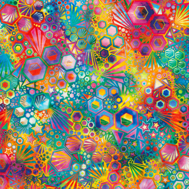 Robert Kaufman Fabrics Phantasma Rainbow Stars and Geos | Quilt Fabric