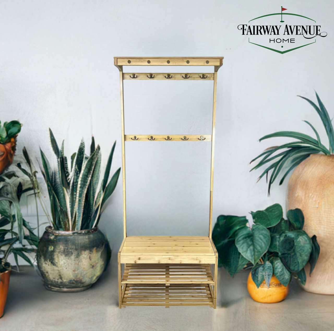 Bamboo Entryway Hall Tree with Storage | Natural