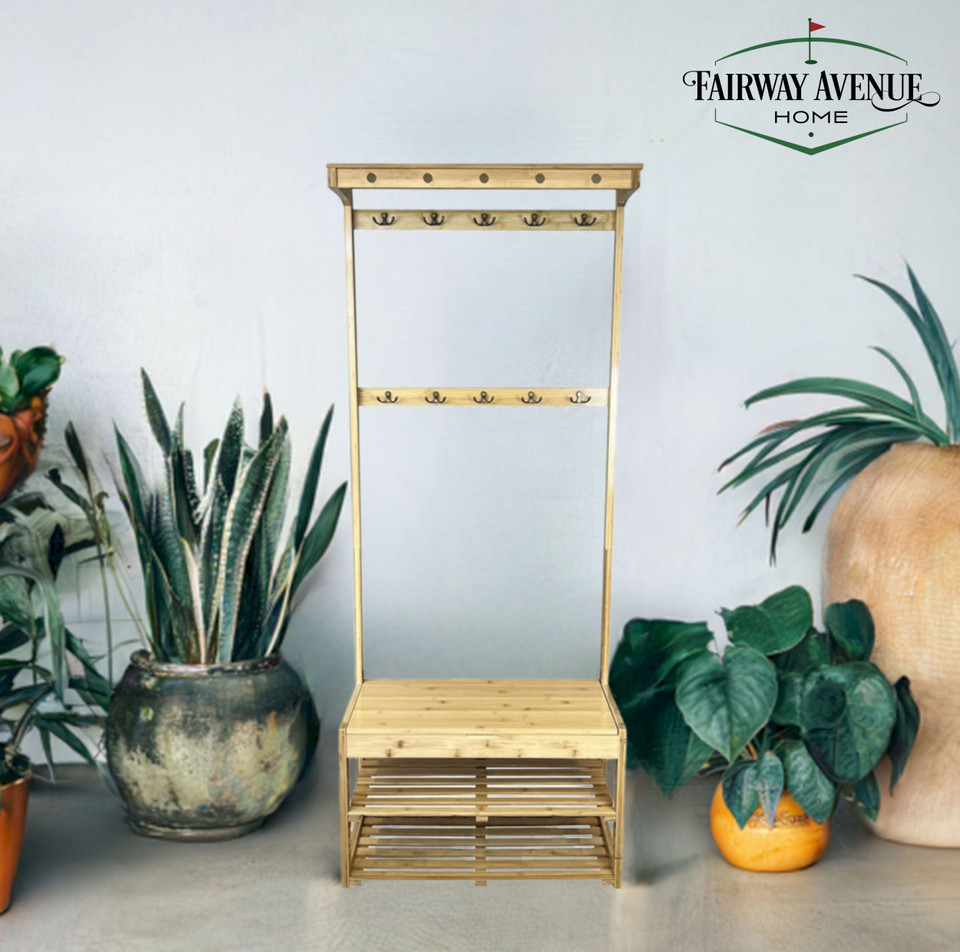 Bamboo Entryway Hall Tree with Storage | Natural
