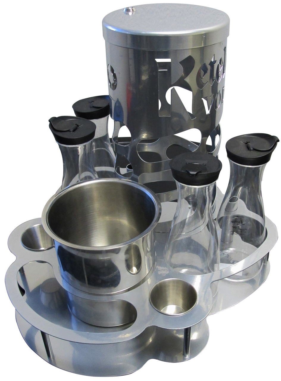 Bottle service tray with cage