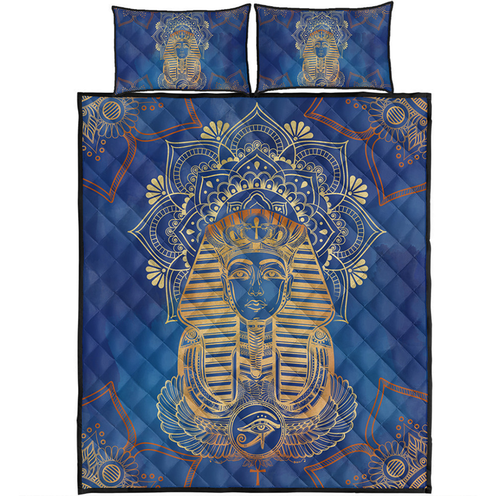 Egypt Quilt Bed Set Egyptian Pharaoh Pattern In Blue
