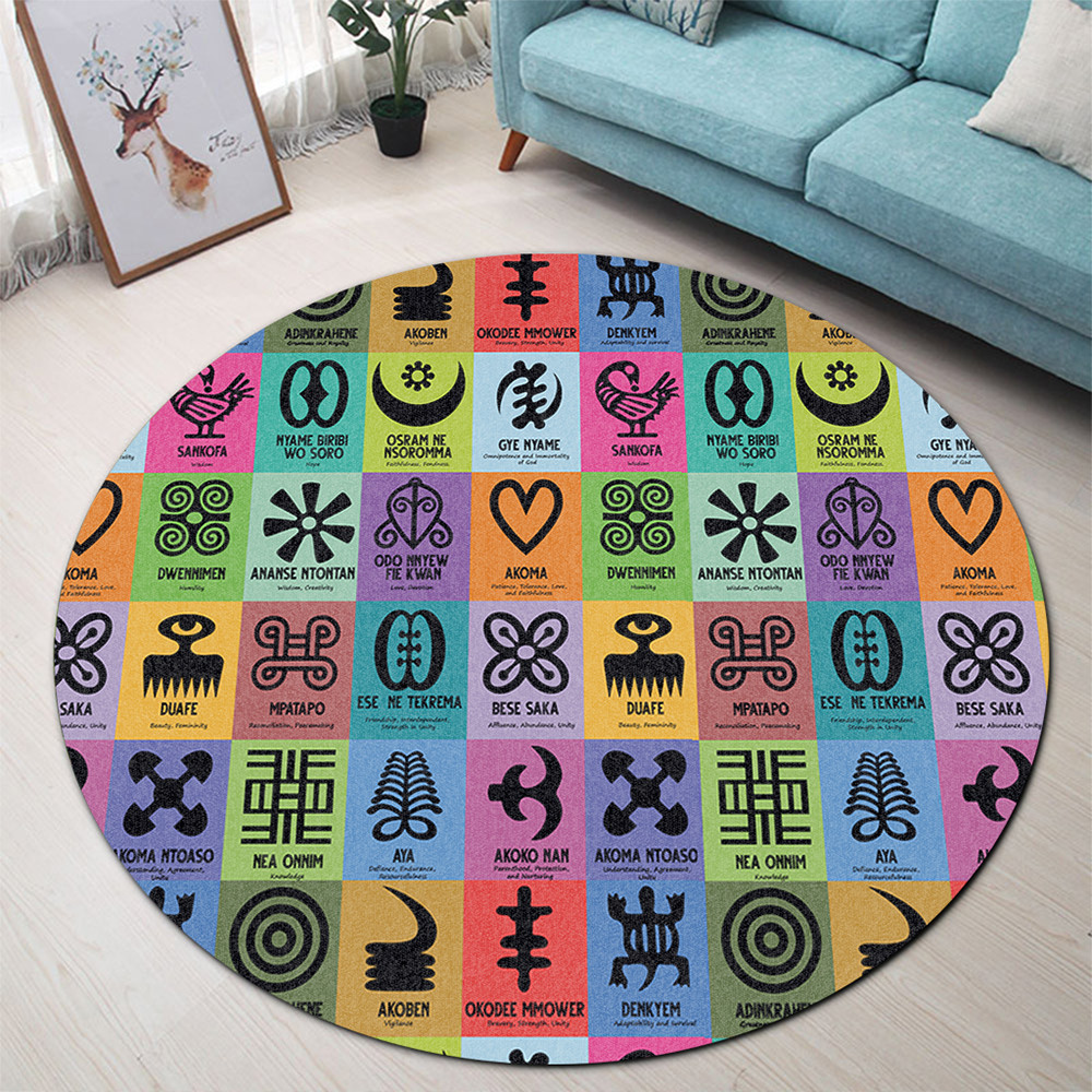 Adinkra Round Rug Multi Color Adinkra Symbols