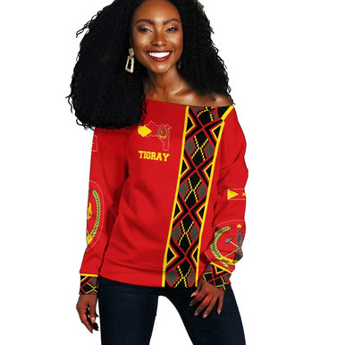 Tigray Off Shoulder Sweater, Tigray Maps Africa Pattern Red