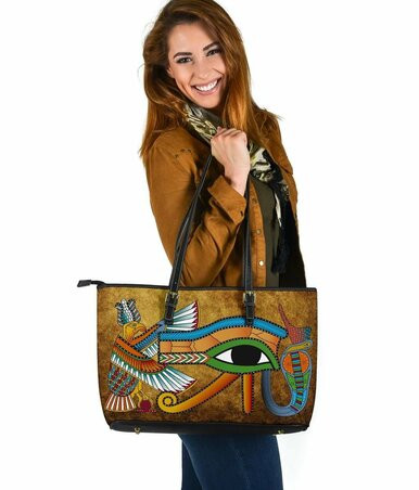 African Leather Tote Bag - Egyptian Hieroglyphics and Gods Self Knowledge