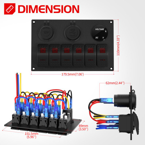 Aluminum 6-Gang Rocker Switch Panel with Cigarette Lighter, Dual USB ...