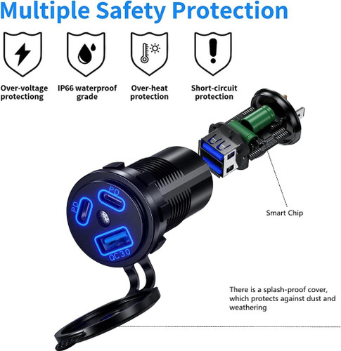 12V LED Campervan Outlet USB and C Type Charging Port