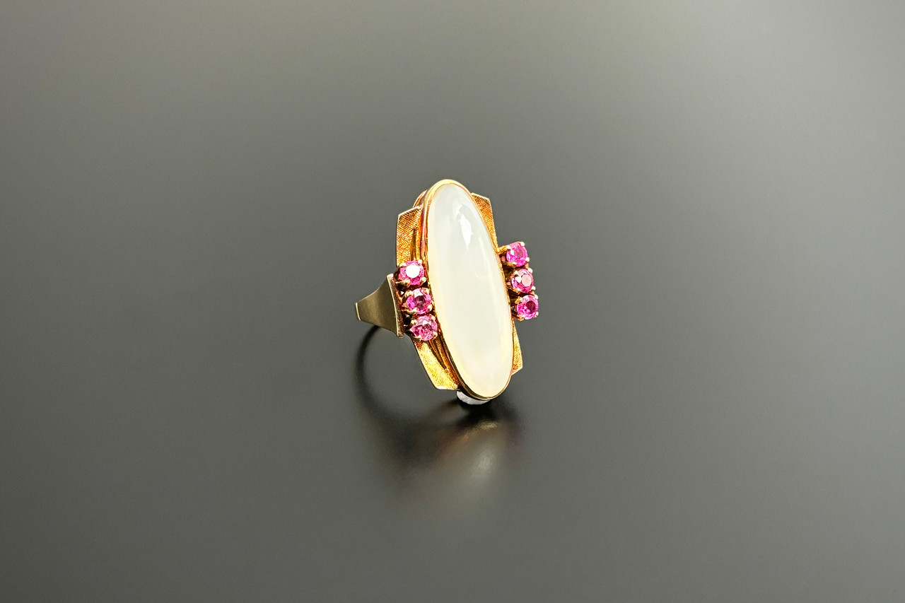 A Moonstone and Ruby Retro Ring - Kozminsky Studio