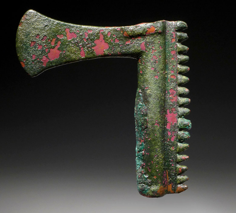 LURISTAN ANCIENT BRONZE AXE WITH SERRATED LONG SHAFT