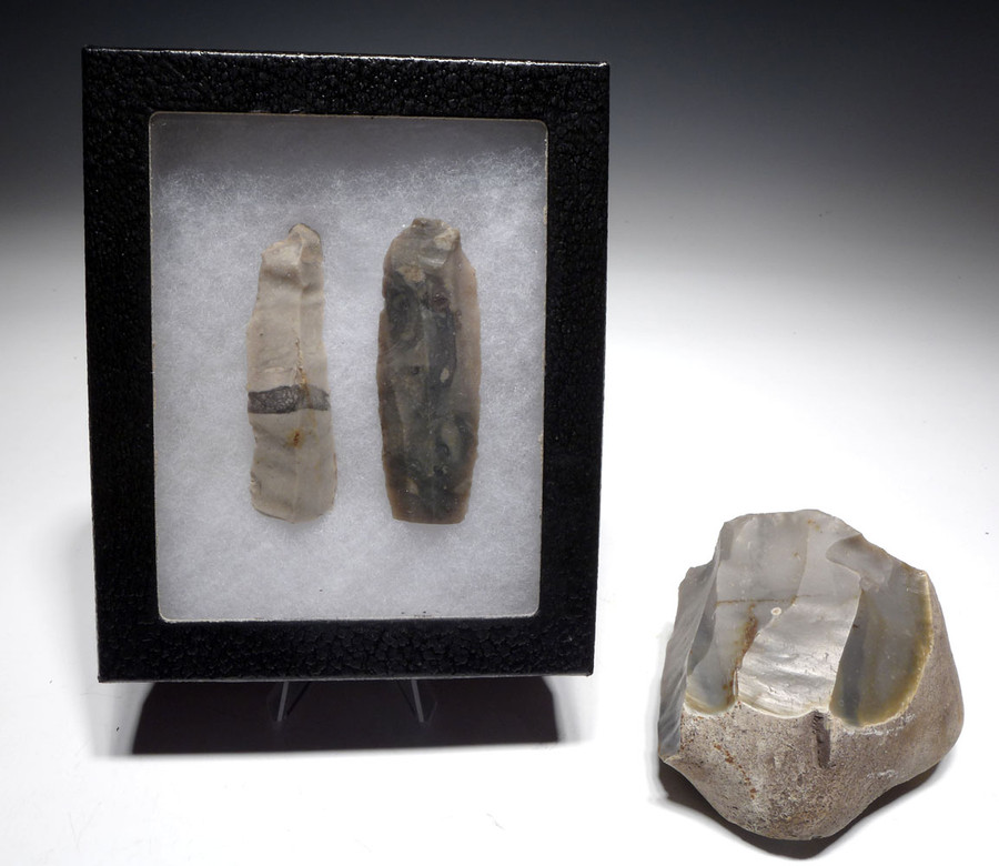 EXCEPTIONAL DANISH NEOLITHIC BLADE CORE AND TWO CORE STRUCK BLADE ...