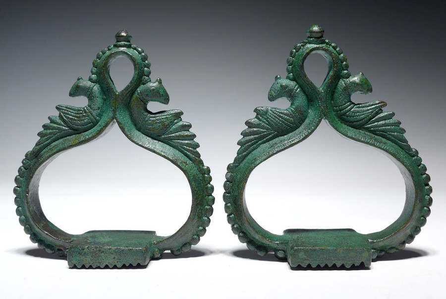 PAIR OF ANTIQUE INDIAN DECCANI BRONZE HORSE STIRRUPS WITH PEACOCKS ...