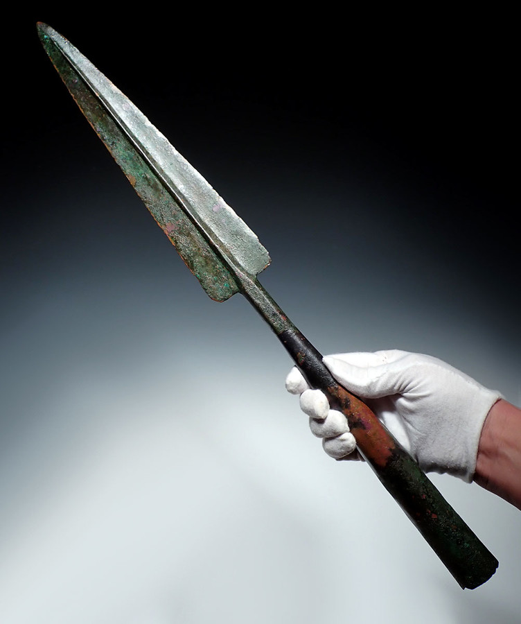 LARGE SUMERIAN ANCIENT BRONZE PHALANX PIKE SOCKETED SPEARHEAD FROM THE ...
