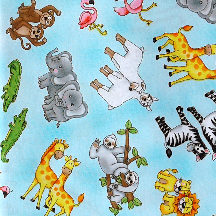 Two by Two Animals Tossed on Blue - Kidsfabrics.com