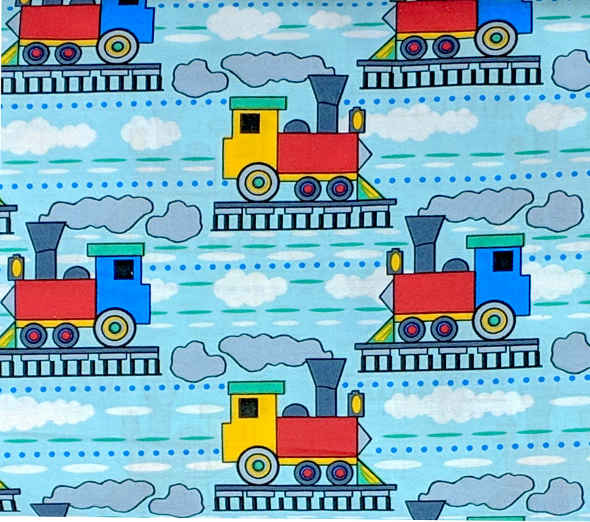 Train Engines Putting Along on Aqua - Kidsfabrics & Co.