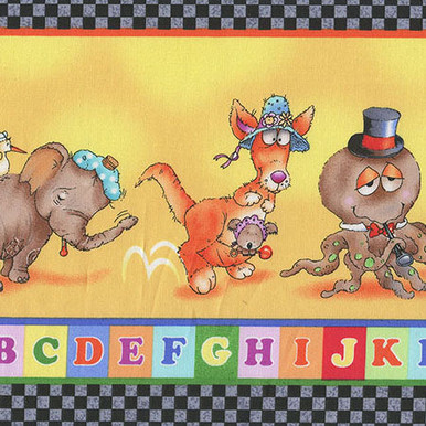 Alphabet Animal Friends Rainbow Border Stripe on Gold - Kidsfabrics.com