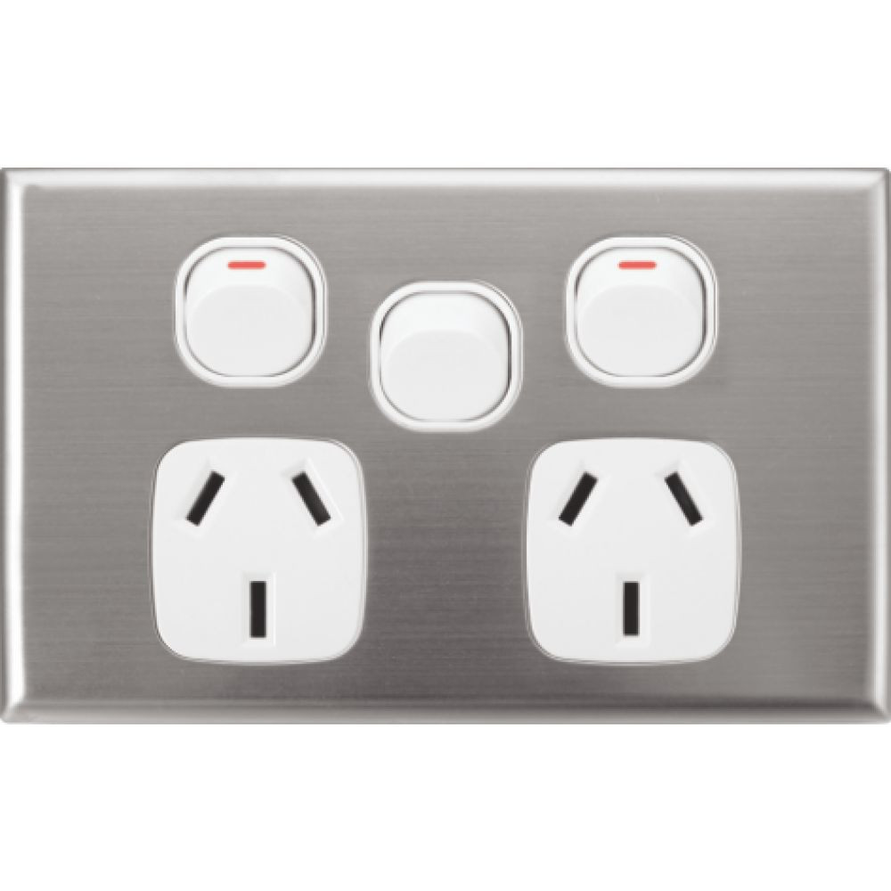 Double Power Point With Extra Switch Slim Range Stainless Steel Cover Aluminium - Dexton ...